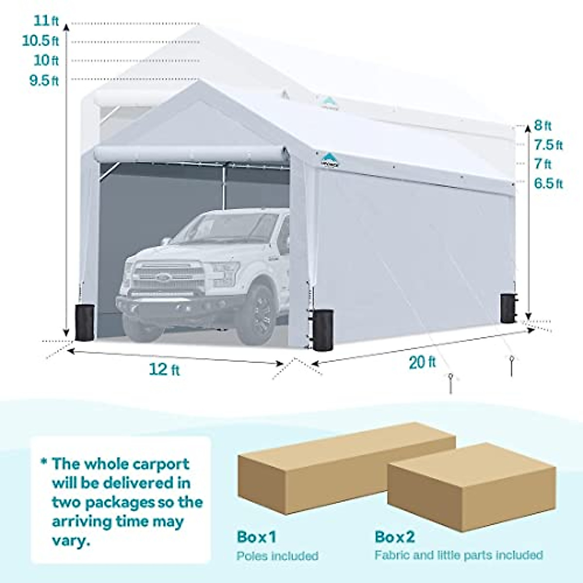 ADVANCE OUTDOOR 12x20 ft Heavy Duty Carport with Sidewalls and Doors, Adjustable Height from 9.5 ft to 11 ft, Car Canopy Garage Party Tent Boat Shelter with 8 Reinforced Poles and 4 Sandbags, White