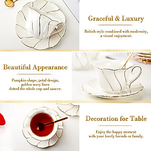 DUJUST 3 pcs Porcelain Tea Cup and Saucer Set with Tea Spoon, Luxury British Style Tea/Coffee Cup Set with Golden Trim, Beautiful Tea Set for Living Room Decoration & Tea Party
