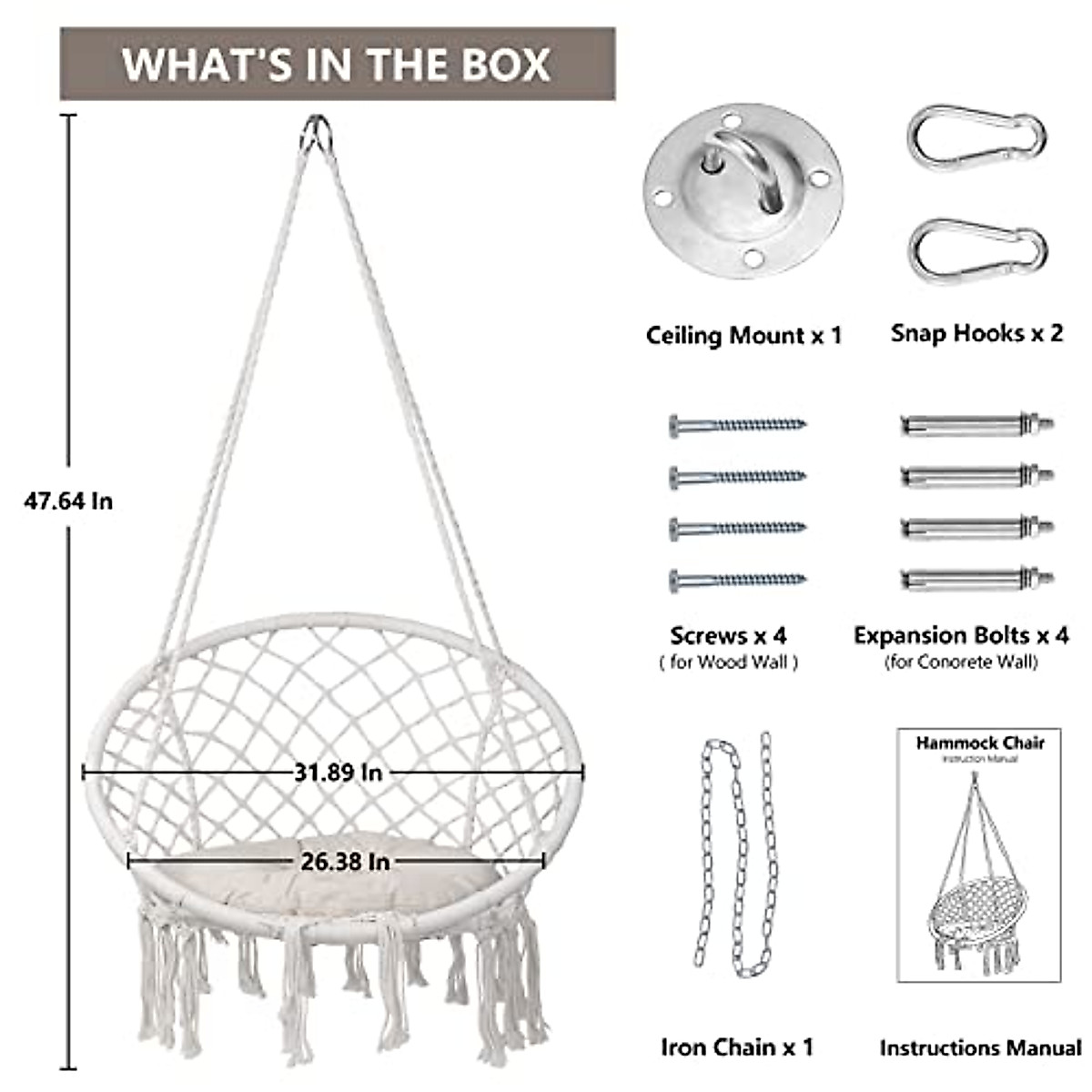 HBlife Hammock Chair, Hanging Swing with Macrame and Cushion, Max 330 Lbs, Beige Hanging Cotton Rope Chair for Indoor, Outdoor, Bedroom, Patio, Yard, Deck, Garden and Porch