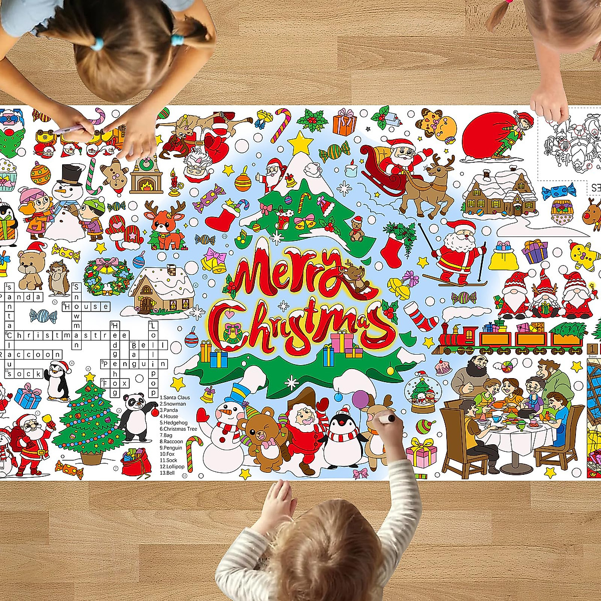PADTIC Giant Coloring Poster,35x72inch Versatile Merry Christmas Paper Coloring Tablecloth,DIY Christmas Tree,Santa Claus,Gnomes,Elk,Snowman Table Cover Kids Art Crafts Home Classroom Party Supplies