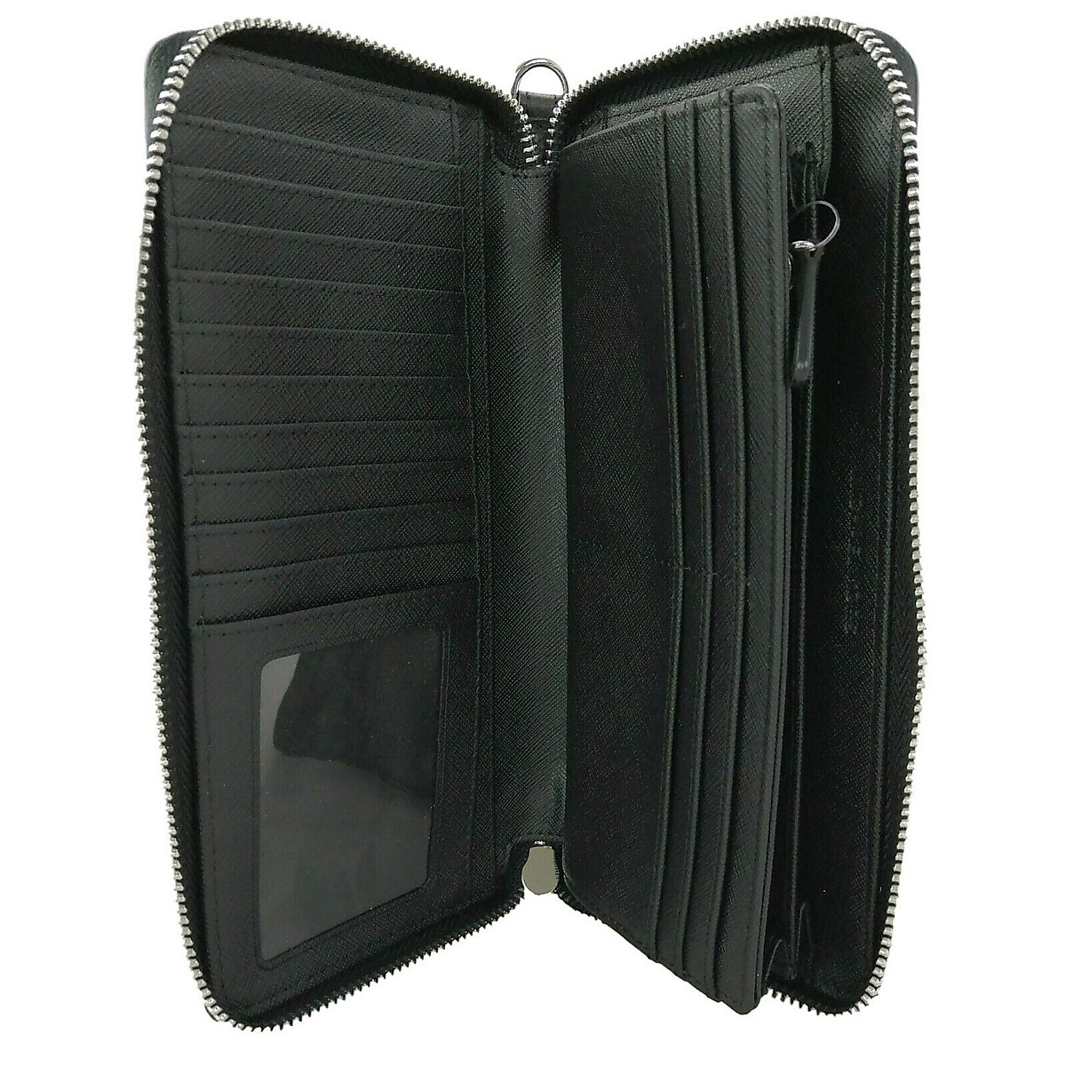 Michael Kors Jet Set Travel Continental Zip Around Leather Wallet Wristlet (Black with Silver Hardware)