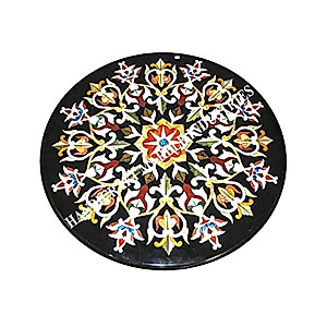Black Marble Inlay Coffee Table Top, Pietra Dura Dining Table Top, Stone Inlaid Wall Decor, Centre Piece, Piece Of Conversation