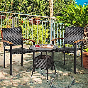 RELAX4LIFE Patio Rattan Dining Chairs Set Wicker Chairs with Steel Frame, Acacia-Covered Armrests Fire Pit Chairs for Porch, Poolside, Balcony, Lawn Indoor&Outdoor Furniture Armrest Chairs Set (4)