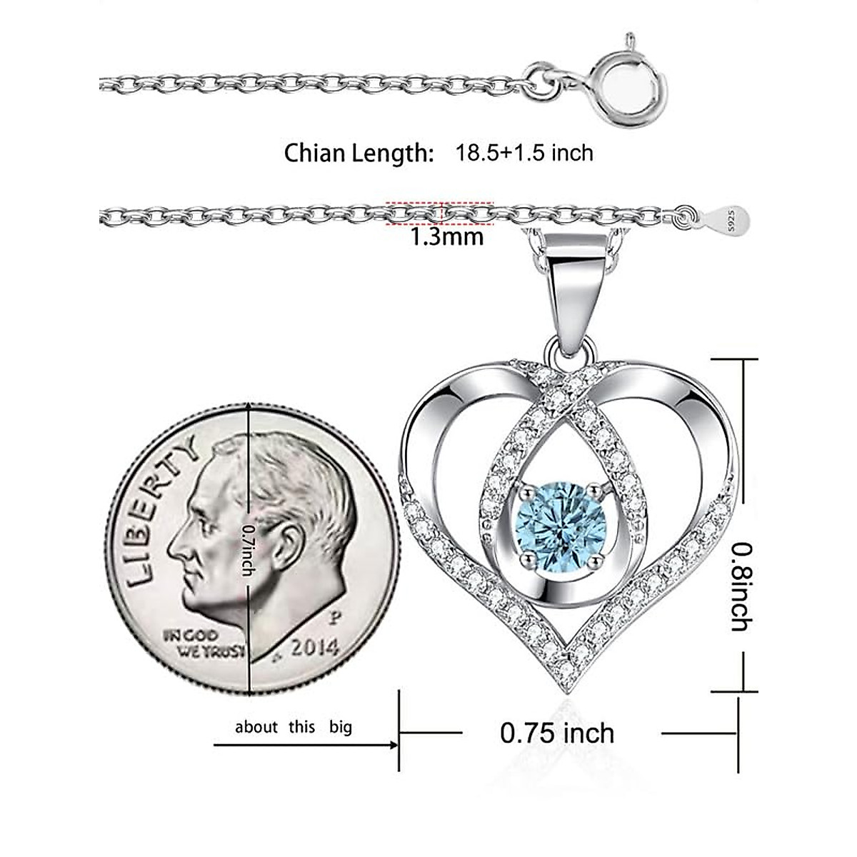 ITS4YEO 925 Sterling Silver Heart Birthstone Necklaces Silver Necklace Zircon Pendant Necklaces for Women Jewelry Gift for Women Wife Her Valentines Gift(March)