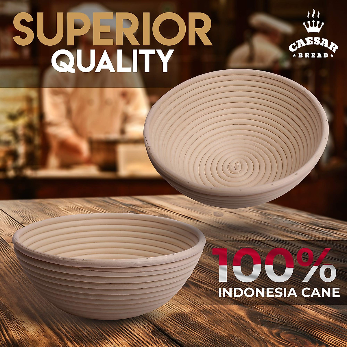 Banneton Bread Proofing Basket By Caesar Bread, 9 Inch Round Sourdough Brotform For Rising Dough Set, Include Cloth Liner, Scraper, Bread Lame, Brush & Recipe Book For Beginners & Professional Bakers