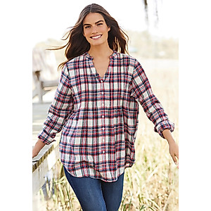 Woman Within Women's Plus Size Pintucked Flannel Shirt - 2X, Vivid Red Buffalo Plaid