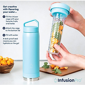 Infusion Pro Fruit Infuser Water Bottle Vacuum Insulated (20 oz) Stainless Steel : Fruit Infusion Recipe eBook : Bottom Loading Water Infuser for More Flavor : Easy Cleaning : Great Gift Water Bottle