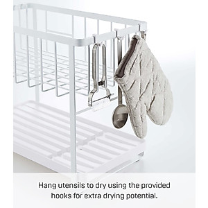 Yamazaki Home Two-Tier Adjustable Dish Drainer Rack, Compact Drying Rack with Hooks, Utensils Holder, Steel, Draining Spout, Water Resistant, No Assembly Req.