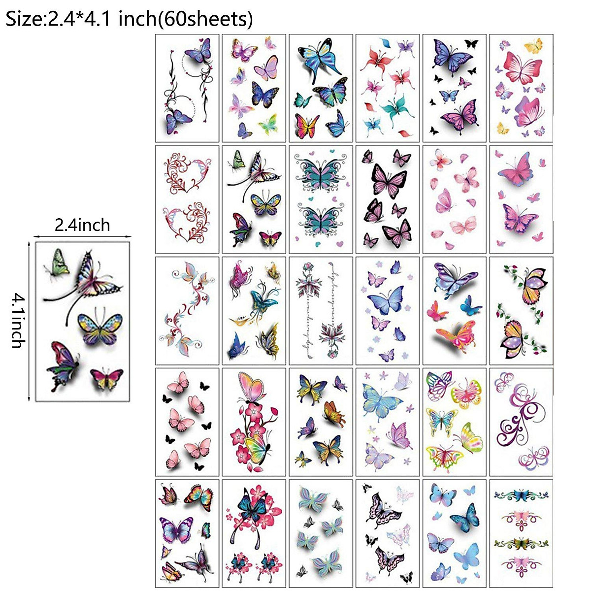 60 Sheets Waterproof Flower 3D Butterfly Fake Temporary Tattoo Sticker for Girl Lady Women
