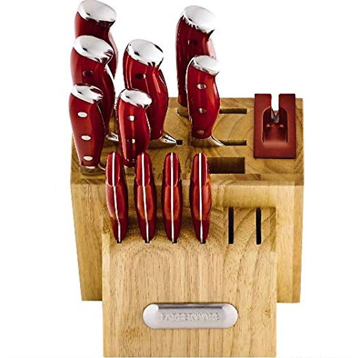Farberware Professional 15-piece Forged Triple Riveted Knife Block Set with Built-in Edgekeeper Knife Sharpener, High-Carbon Stainless Steel Kitchen Knives, Razor-Sharp Knife set, Red