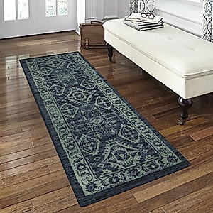 Maples Rugs Georgina Traditional Runner Rug Non Slip Washable Hallway Entry Carpet [Made in USA], 2' x 6', Navy Blue/Green