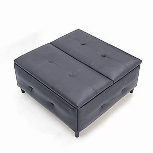 Panana Large Tufted Upholstered Ottoman Bench and Coffee Table with Storage, 35 x 35 x 16 inches, Solid Wood Legs, Lift-up Lid, Linen or Leather Look Fabric (Black Leather Look Fabric, #1)