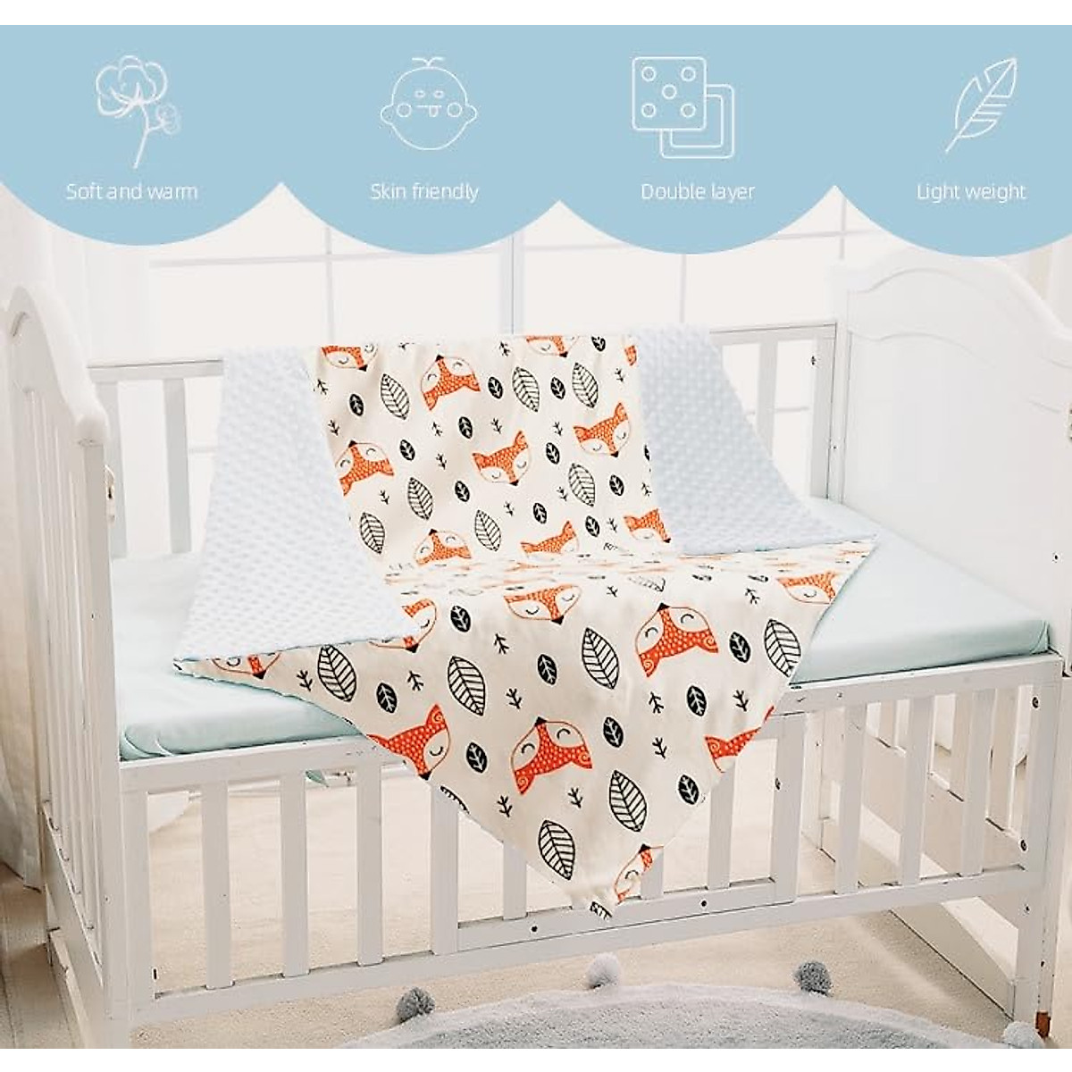 Baby Blanket with Fox Pattern, Double Layered with Dotted Backing, Suitable for Boys, Girls, and Unisex, Perfect for Baby Cribs and Receiving as Newborn Bed Throws., 30x47 Inch, Forest Fox