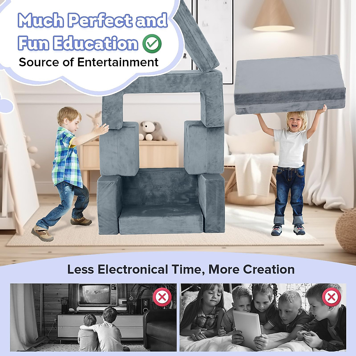 OSYKIU Kids Couch Sofa, 7 Pcs Modular Toddler Couch, Freely Removable Kids Chair Sofa for Playing, Creativity, Sleeping, Versatile Fold Out Baby Play Couch Set for Playroom, Bedroom Furniture