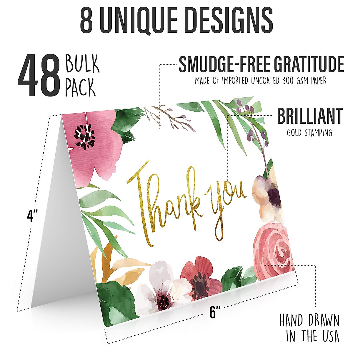 Boho Floral Thank You Cards for Designer Thank You Notes! Bulk Set of 48 Blank Cards with Envelopes for Baby Shower Note Cards, Wedding Thank You Cards and Bridal Shower Thankyou Card