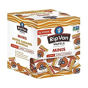 Rip Van Wafels Dutch Caramel Mini Stroopwafels - Low Carb Snacks (3g Net Carbs) - Non GMO Snack - Keto Friendly - Office Snacks - Low Calorie Snack (37 Calories) - Low Sugar (1g) - 32 Pack