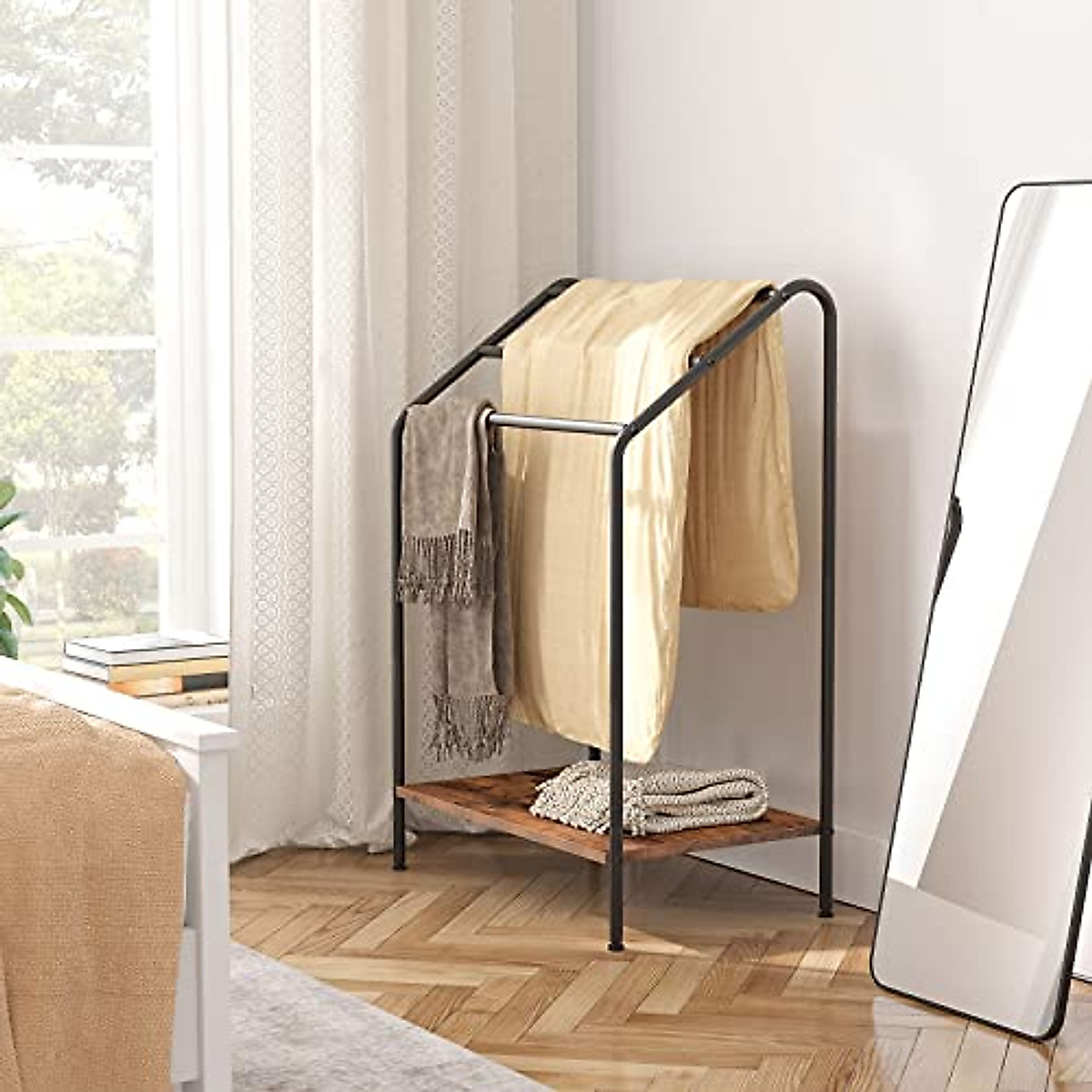 HOOBRO Freestanding Towel-Rack, 3 Tier Blanket Rack for Living Room, 23.6" L x 14.2" W x 33.9" H, Quilt Blanket Ladder Holder, Drying and Display Rack, Bathroom, Rustic Brown and Black BF63LB01