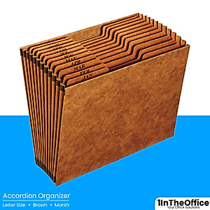1InTheOffice Monthly Accordion File Organizer - Heavy Duty- Expanding File Folder, 12 Monthly Pockets File Organizer, Open-Top, Brown, Letter Size