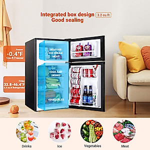 DSF Mini Fridge with Freezer, 3.2 Cu.Ft Mini Refrigerator, 2 Door, 37DB Low Noise, Engery Saving with LED Light, Low-frost Mini Fridge for Bedroom, Office, Dorm, RV, Apartment, Black- MPBFD321