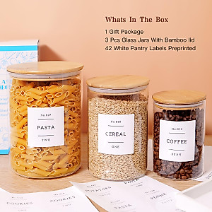 3 Pcs Glass Canisters with Airtight Bamboo Lids and 42 Kitchen Pantry Labels Preprinted - Clear Glass Flour and Sugar Storage Container Set - Large Glass Jars with Wood Lids(100 OZ/54 OZ/27 OZ)
