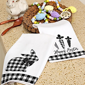 ARKENY Easter Kitchen Towels for Easter Decor Black Buffalo Plaid Check Bunny Dish Towels 18x26 Inch Bar Drying Cloth Carrot Hand Towel for Kitchen Bathroom Party Easter Decorations Set of 2