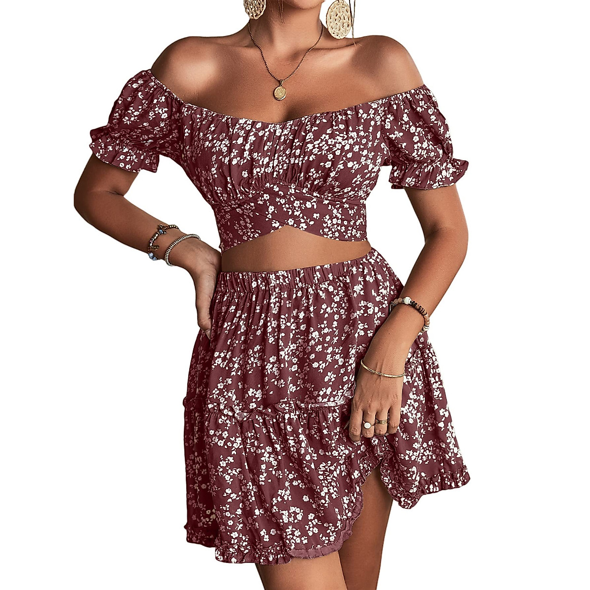 LYANER Women's 2 Piece Outfits Floral Off Shoulder Tie Up Crop Top and Mini Skirt Set Wine Red Floral Small