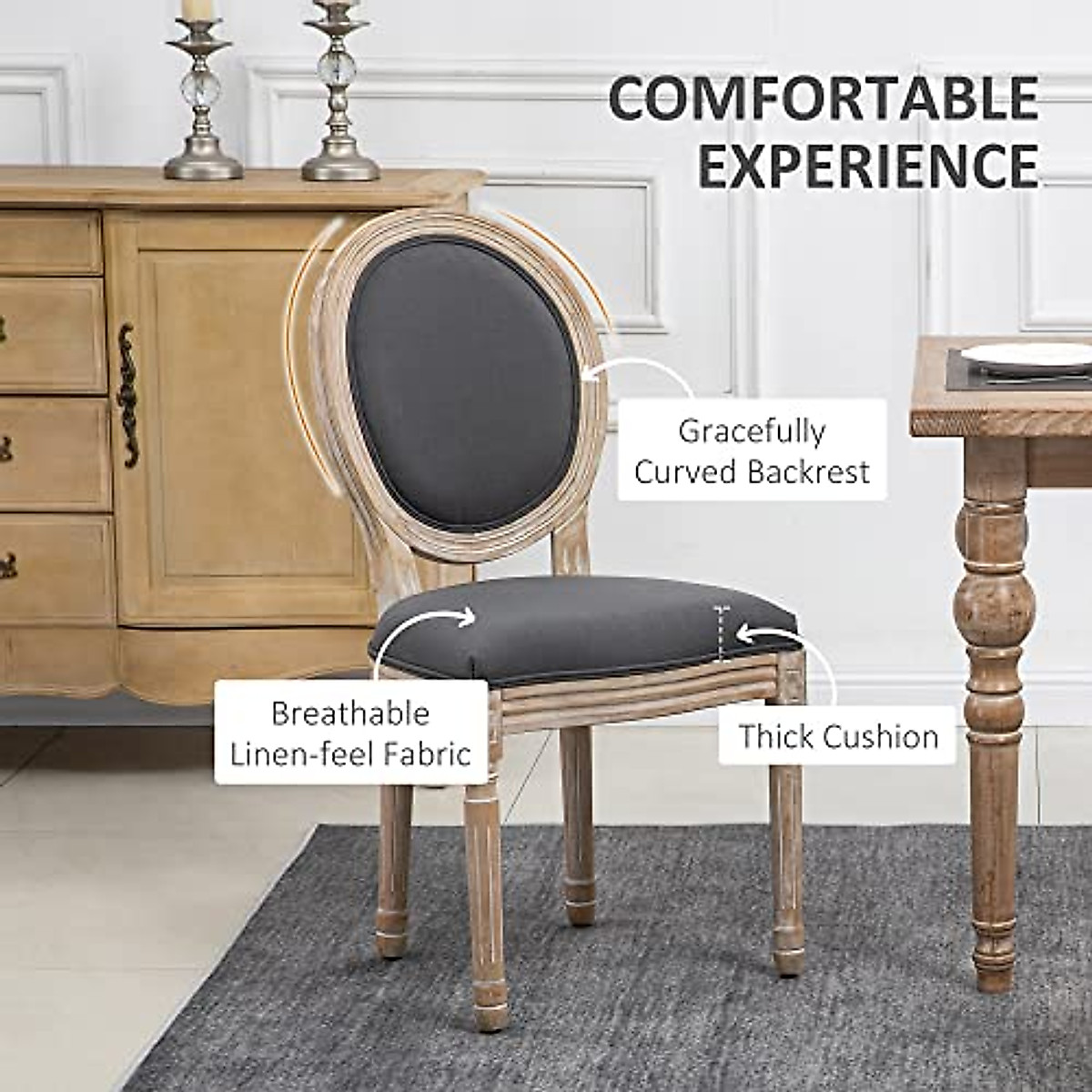 HOMCOM French-Style Upholstered Dining Chairs Set of 2, Armless Accent Side Chairs with Linen-Touch Upholstery, Set of 2, Grey