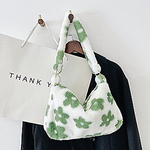 Fluffy Tote Bag Y2K Green Flower Plush Underarm Bag for Women Furry Shoulder Bag Faux Fur Tote Purse for Autumn Winter