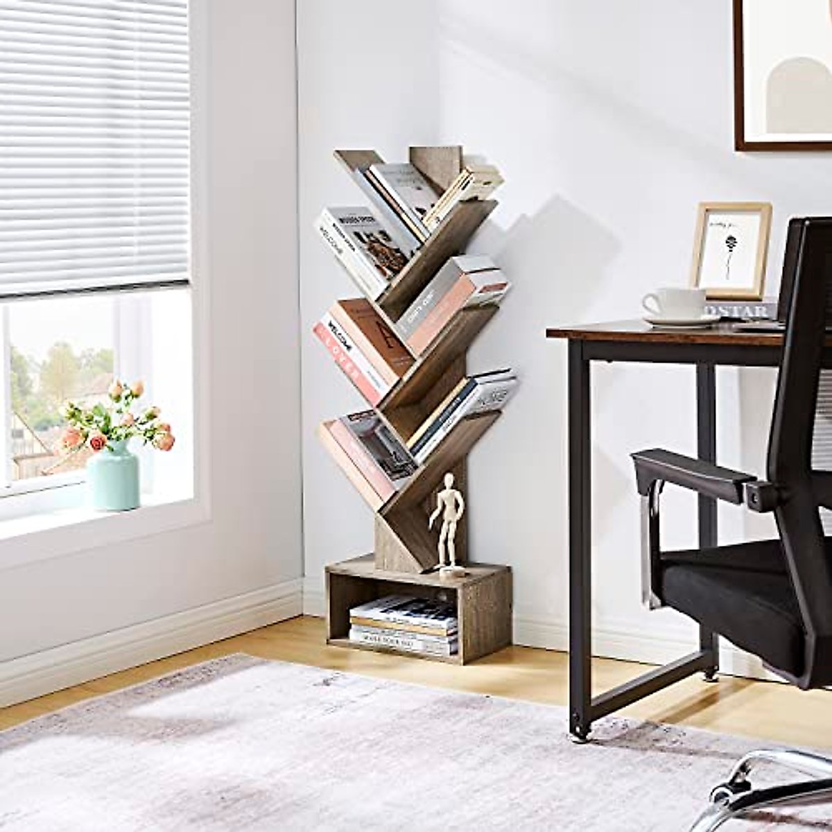 Hoctieon 6 Tier Tree Bookshelf, 6 Shelf Bookcase with Drawer, Modern Book Storage, Free Standing Tree Bookcase, Display Floor Standing Storage Shelf for Books, Utility Organizer Shelves