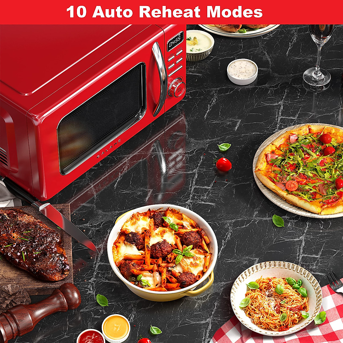 Galanz GLCMKZ07RDR07 Retro Countertop Microwave Oven with Auto Cook & Reheat, Defrost, Quick Start Functions, Easy Clean with Glass Turntable, Pull Handle.7 cu ft, Red