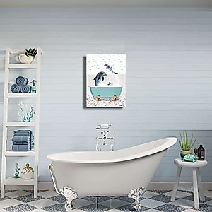 SHZCJL Funny Bathroom Wall Art,Dolphins in Bathtub Wall Art,Adorable Dolphin Bathroom Canvas Print Artwork,for Kids Bathroom Wall Decor(12'' x 16'')