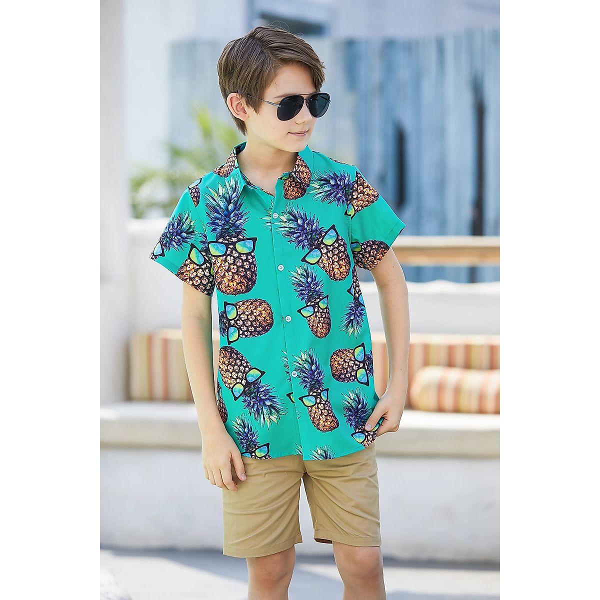9T 10T Little Boy Green Pineapples Sunglass Hawaiian Print Dress Shirts Fancy Button-down Short Sleeves Polo Tee Shirt at School Camp Play Casual Lounging Wear Swimming Pool Outfits for Kids Children