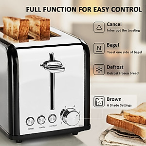 REDMOND 2 Slice Toaster Stainless Steel Toaster Wide Slots with Bagel Defrost Cancel Function 6 Bread Shade Settings for Bread waffles Auto Shutoff Black