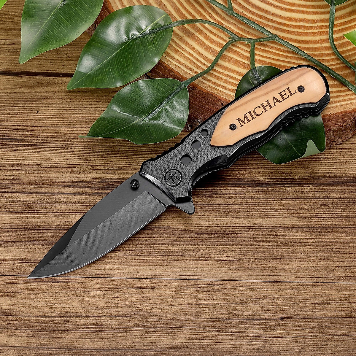 JulStar Personalized Engraved Pocket Knife with Wooden Box, Dad Gift, Grandpa Gifts, Dad Birthday Gift, Father Day Gift