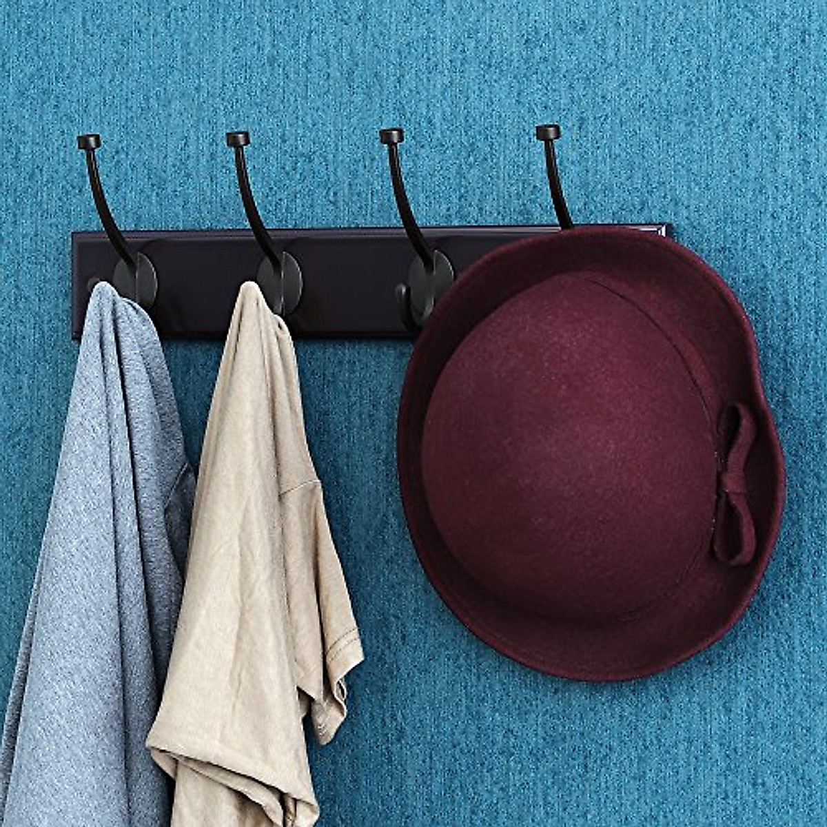 SONGMICS Wooden Wall Mounted Coat Rack 16 Inch Rail with 4 Metal Hooks for Entryway Bathroom Closet Room Dark Brown