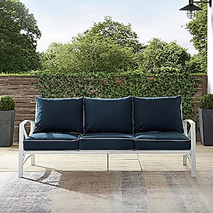 Crosley Furniture Kaplan Outdoor Sofa with Steel Frame, 3-Person Patio Couch for Porch, Deck, Backyard, White with Navy Cushions