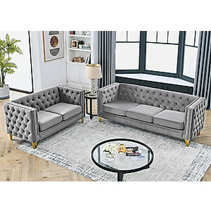 JEEOHEY Chesterfield Sofa,Oversized Velvet Loveseat Sofa Couch,2 Seater Deep Seat Sofa,Modern Sofa Chair with Button Nailhead,Upholstered Futon Couches,Furniture for Living Room,Bedroom,Office(Grey)