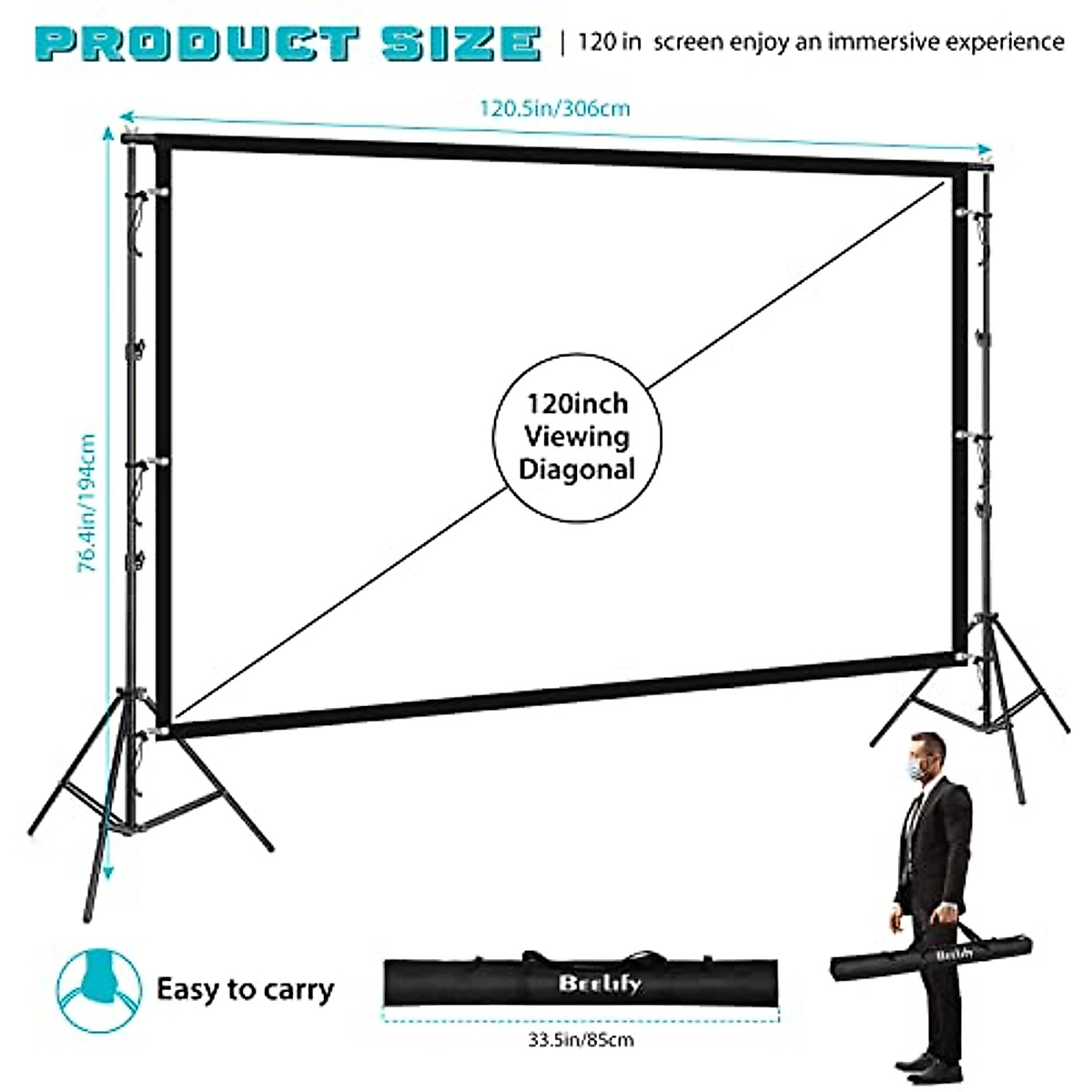 BEELIFY Projector Screen with Stand, 120 Inch Indoor Outdoor Portable Projection Screen, 16:9 HD 4K Outdoor Movie Screens for Party Cinema and Camping