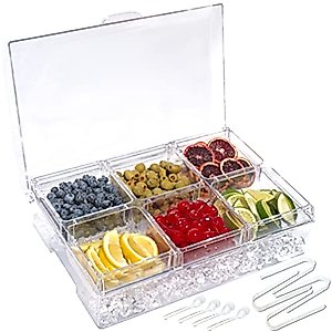 ImpiriLux Ice Chilled Six Compartment Condiment Server Caddy - Serving Tray Container with 6 Removable Dishes Each with 3.5 Cup Capacity | Domed Hinged Lid | 4 Serving Spoons + 4 Tongs Included
