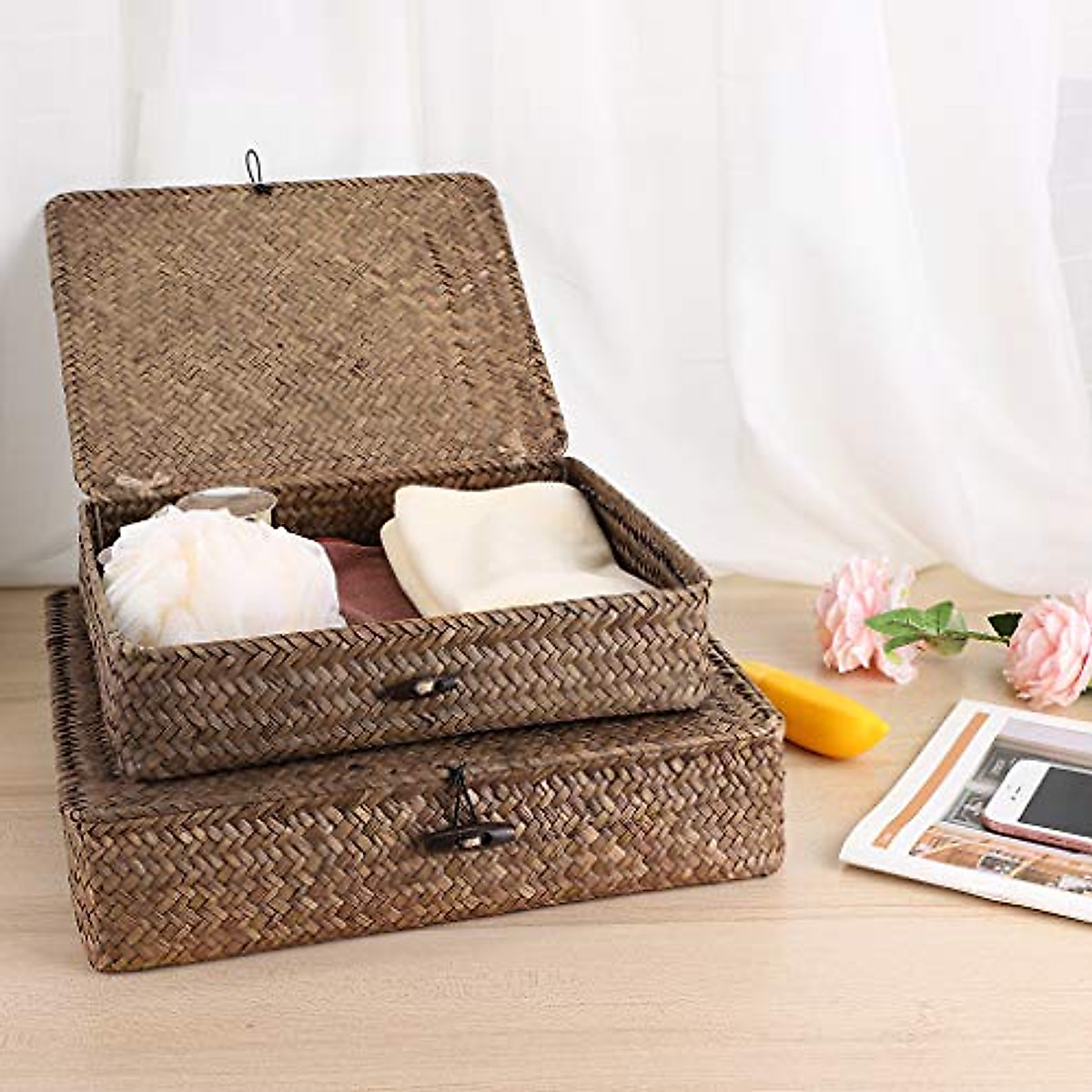 Hipiwe Set of 2 Flat Woven Wicker Storage Bins with Lid Natural Seagrass Basket Boxes Multipurpose Home Organizer Bins Boxes for Shelf Organizer (Coffee)