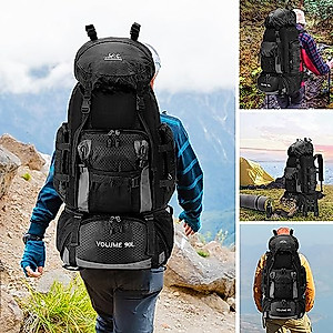 Unineovo 90L Camping Hiking Backpack for Women Men, Rainproof Travel Backpack with Rain Cover for Hiking (Black)