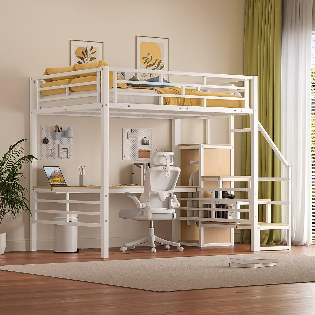 GM Ultra Full Size Loft Bed with Desk & Storage Stairs, Metal Loft Bed Frame with Wardrobe, Versatile High Loft Bed for Kids Teens Adults, Sturdy Slats Support, No Box Spring Needed, White