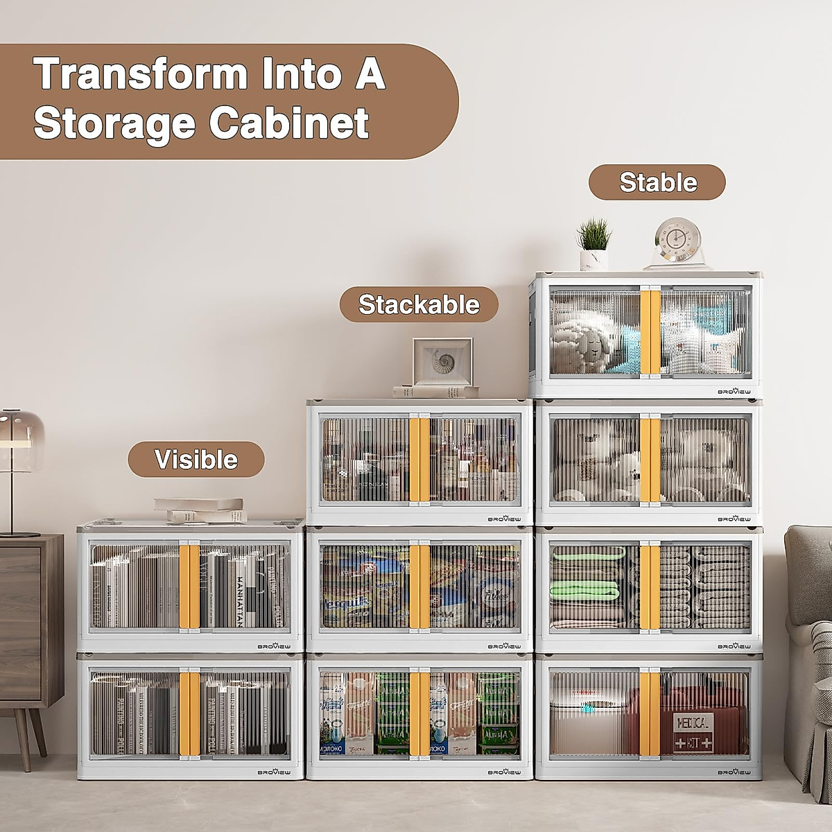 BROVIEW V5 75Gal Plastic Storage Bins with Lids, 3Pack Stackable Collapsible Storage Bins for Closet Organizers and Storage, Folding Storage Container Open Front Cabinets with Doors and Wheels, White