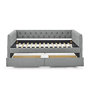 Flieks Full Size Upholstered Daybed with 2 Storage Drawers, Nailhead Trim, Button Tufted Design, Modern Sofa Bed for Living Room, Bedroom, Apartment, Grey