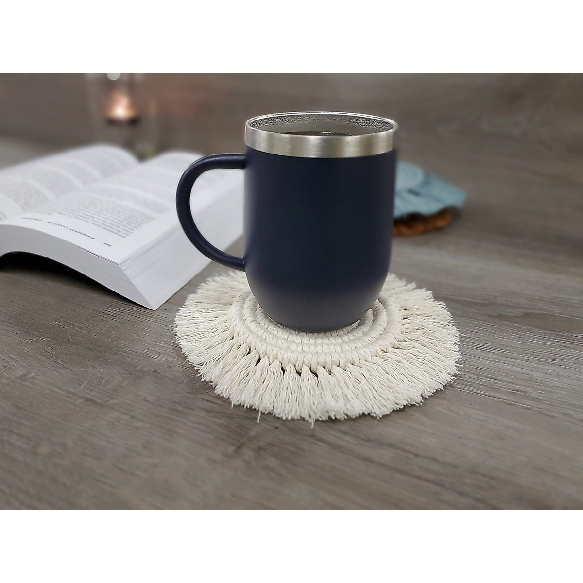Saurya 100% Cotton Hand Knitted Bohemian Macrame Coasters for Table, Desk, Wall, Garden | Set of 2 | Moisture Absorbent | Protects Surface from Stains | Great for Gifting (Ivory)