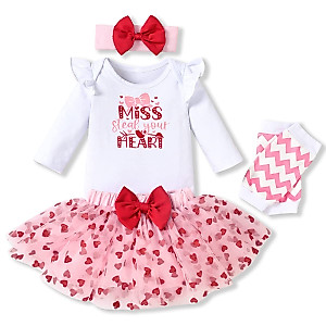 Aalizzwell 6-12 Months Baby Girls Valentines Day Outfit Infant 1st Valentines My Tulle Skirt Heart Clothes with Leg Warmers Clothing Pink