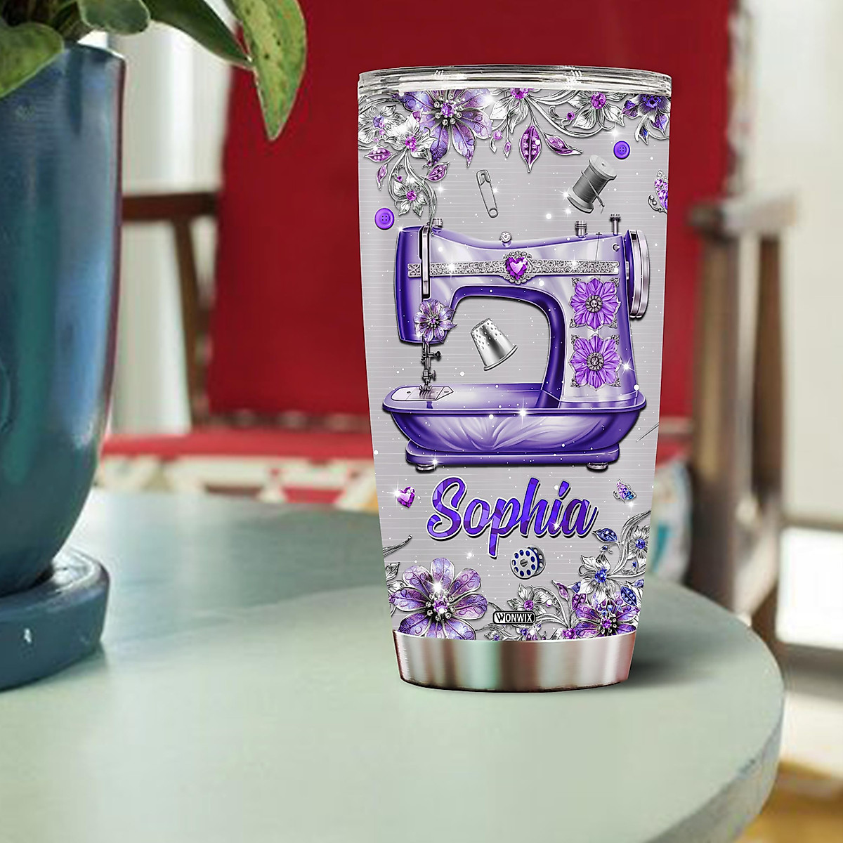 WONWIX Personalized Sewing Gifts For Women Travel Coffee Cup 20oz Stainless Steel Tumbler With Lid Jewelry Style Fabric Quilting Gift for Tailor Seamstress Crochet Lover