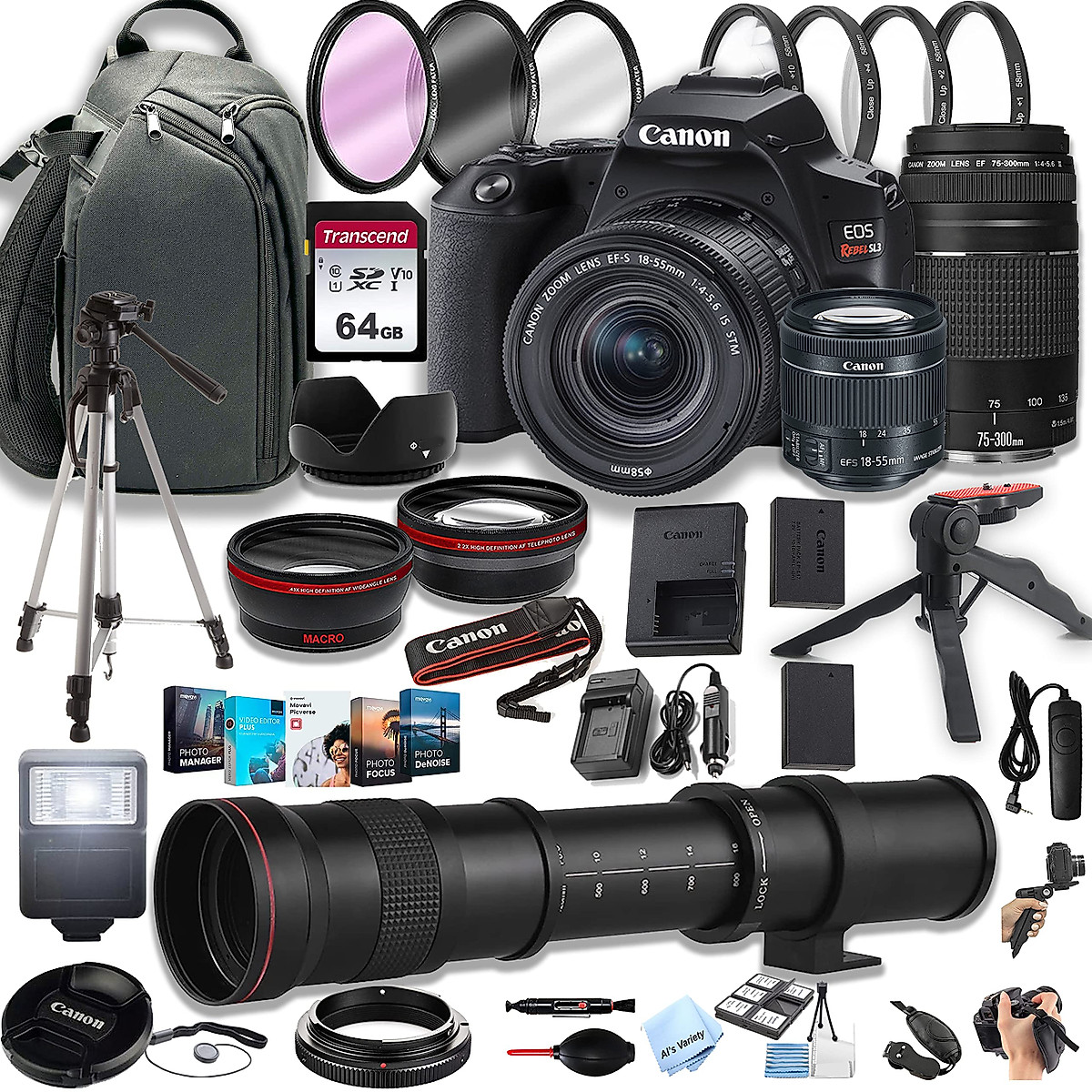 Canon EOS Rebel SL3 DSLR Camera w/EF-S 18-55mm F/4-5.6 STM Zoom Lens + 75-300mm F/4-5.6 III Lens + 420-800mm Super Telephoto Lens + 64GB Memory Cards, Professional Photo Bundle (44pc Bundle)