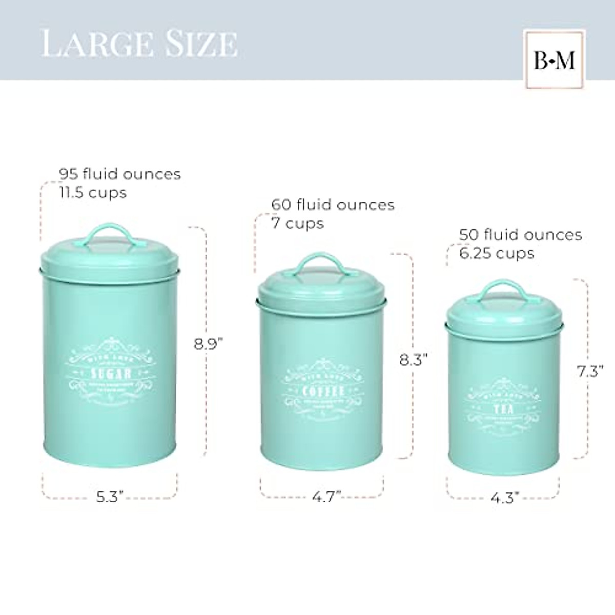 Baie Maison Large Turquoise Farmhouse Canister Sets for Kitchen Counter Airtight - Set of 3 Rustic Coffee, Sugar Tea Storage Containers - Teal Decor Jars - Vintage Kitchen Canisters Set for Countertop