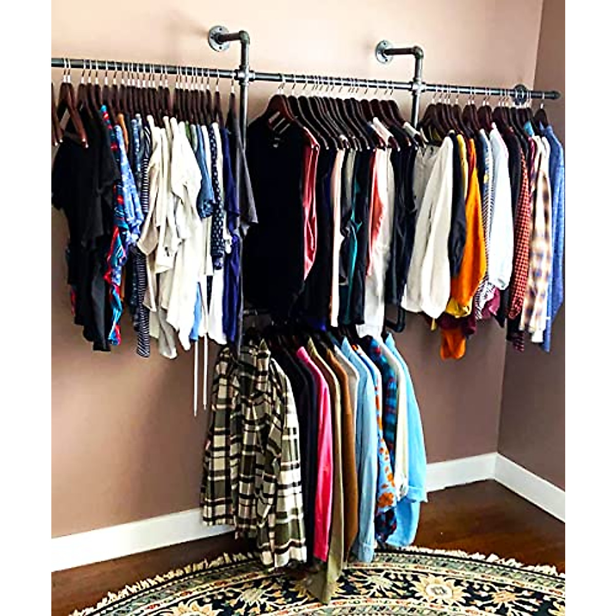 ZYUXUAN Industrial Wall Clothes Rack, Heavy-Duty Clothing Rack, Pipe Style Garment Rack with Four Hanging Rods for Bedroom, Laundry Room, Retail Store, Rustic Black (four hanging rods)